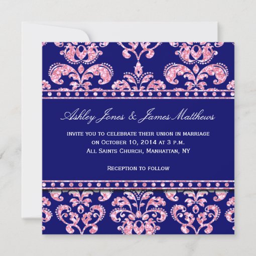 Navy Blue Damask Wedding Printed Pink Glitter Invitation | Zazzle
