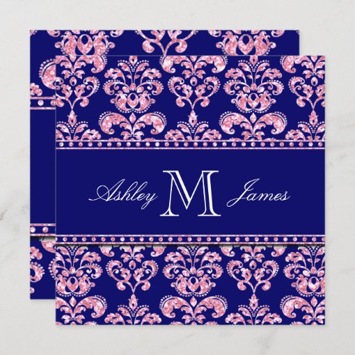 Navy Blue Damask Wedding Printed Pink Glitter Invitation | Zazzle
