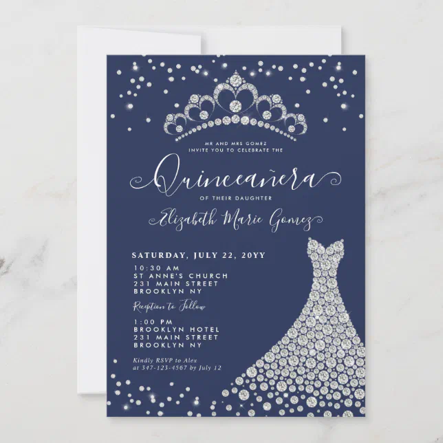 Navy Blue Diamond Sparkle Tiara Gown Quinceanera Invitation | Zazzle