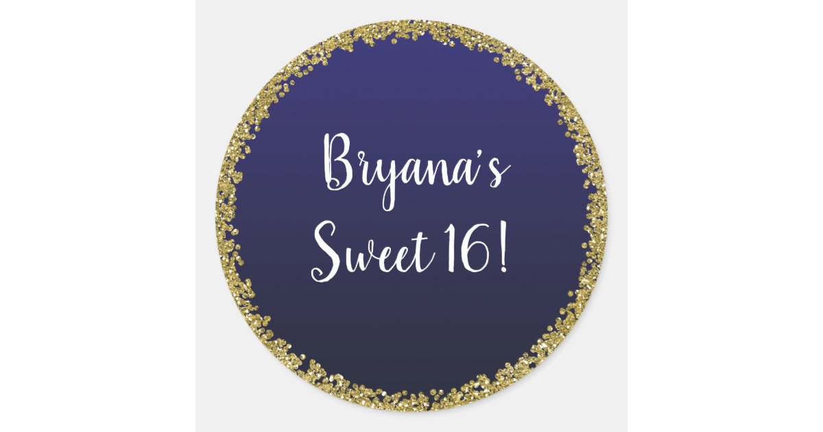 Navy Blue Dipped Gold Glitter Glam Sparkle Party Classic Round Sticker ...