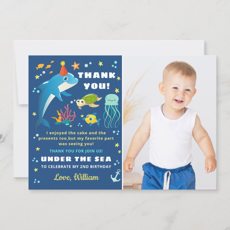 Navy Blue Dolphin Under The Sea Birthday Photo Thank You Card | Zazzle