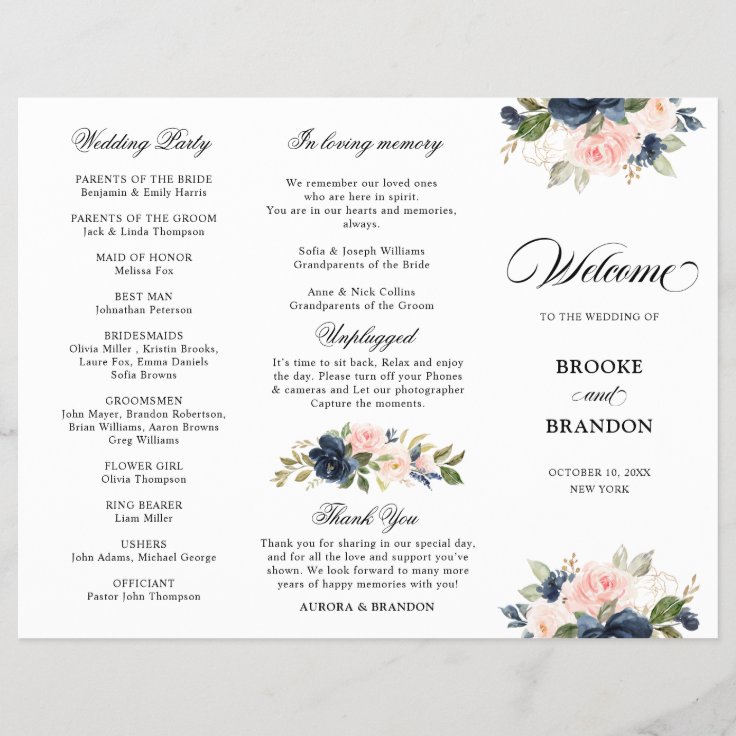 Navy Blue Dusty Blush Tri-fold Wedding Program | Zazzle