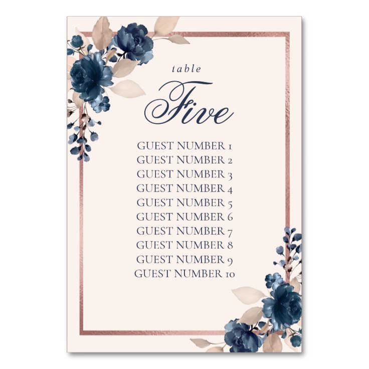 Navy Blue Dusty Pink Table Number Seating Chart | Zazzle