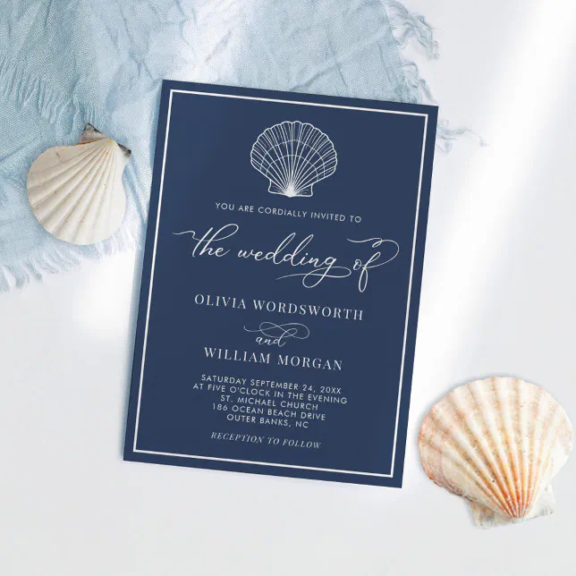 Navy Blue Elegant Beach Seashell Wedding Invitation | Zazzle