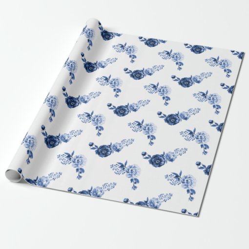Navy Blue | Elegant Flowers Wrapping Paper | Zazzle