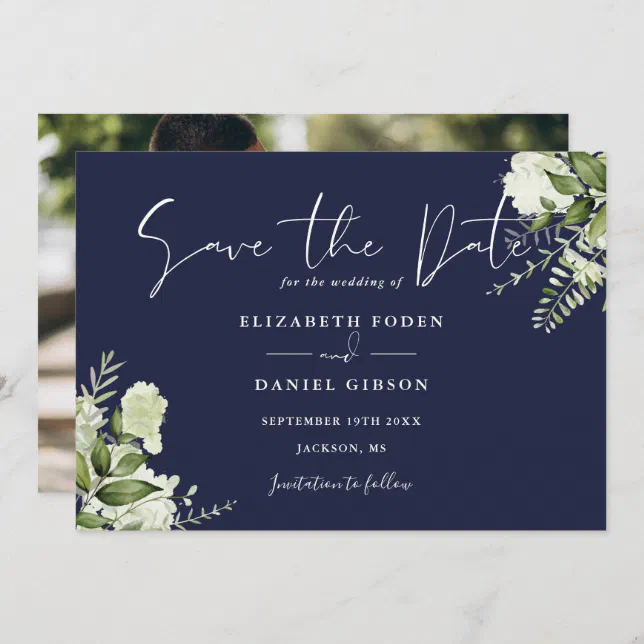 Navy Blue Elegant Greenery Floral Photo Wedding Save The Date | Zazzle