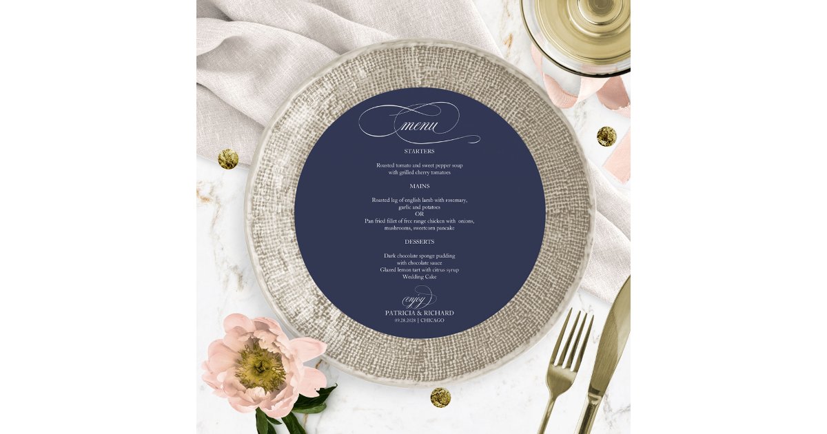 Navy Blue Elegant Round Wedding Menu | Zazzle