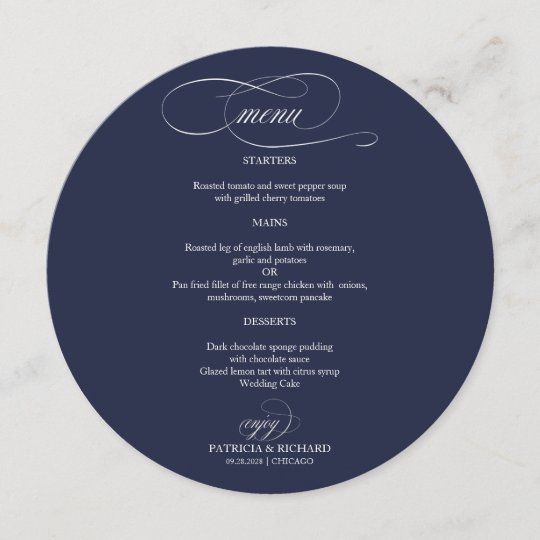 Navy Blue Elegant Round Wedding Menu | Zazzle.com
