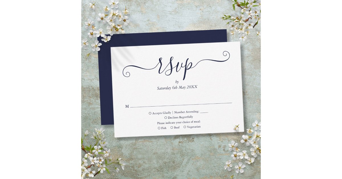 Navy Blue Elegant Script Wedding RSVP Card | Zazzle