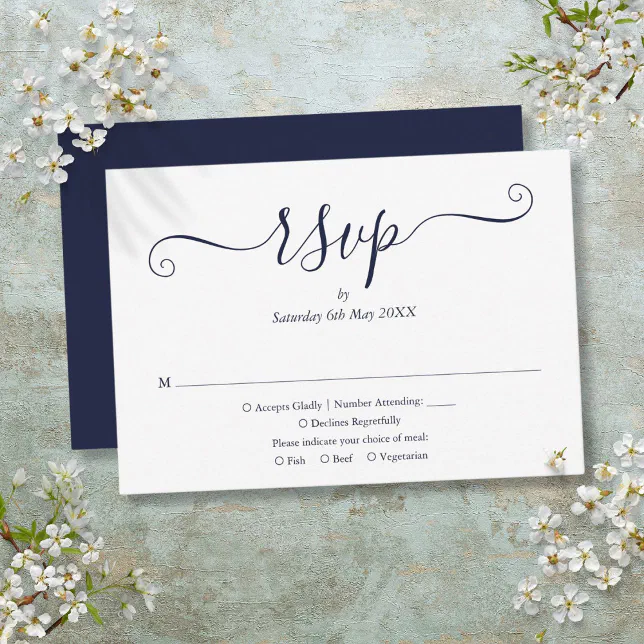 Navy Blue Elegant Script Wedding RSVP Card | Zazzle