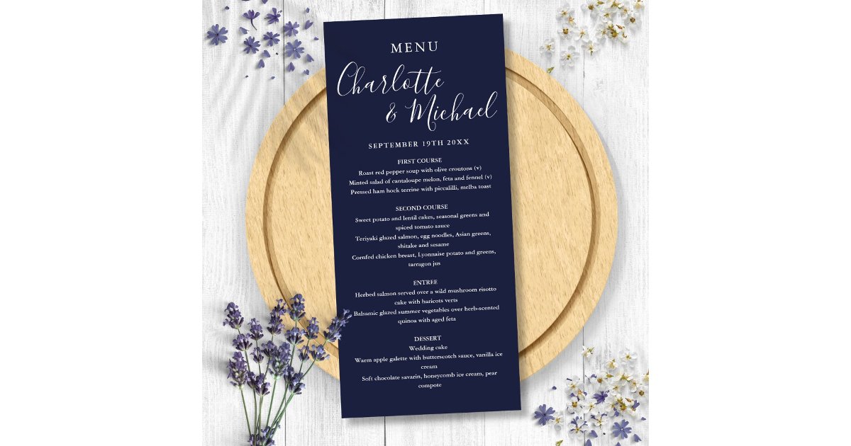 Navy Blue Elegant Signature Script Wedding Menu | Zazzle