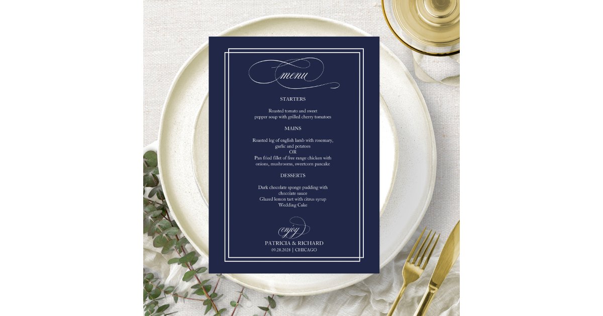 Navy Blue Elegant Wedding Menu | Zazzle