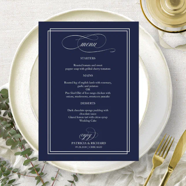 Navy Blue Elegant Wedding Menu | Zazzle