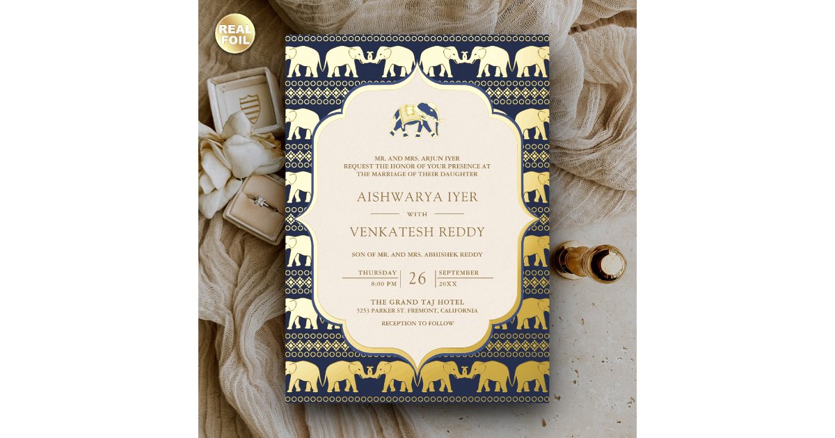 Navy Blue Elephant Indian Photo Wedding Gold Foil Invitation | Zazzle
