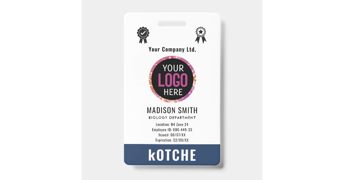 Navy Blue Employee Name Business Logo kotche Badge | Zazzle