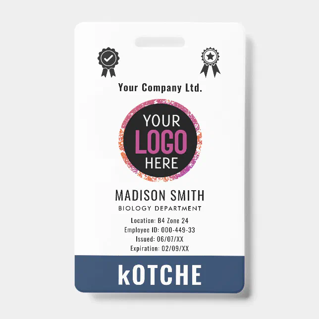 Navy Blue Employee Name Business Logo kotche Badge | Zazzle