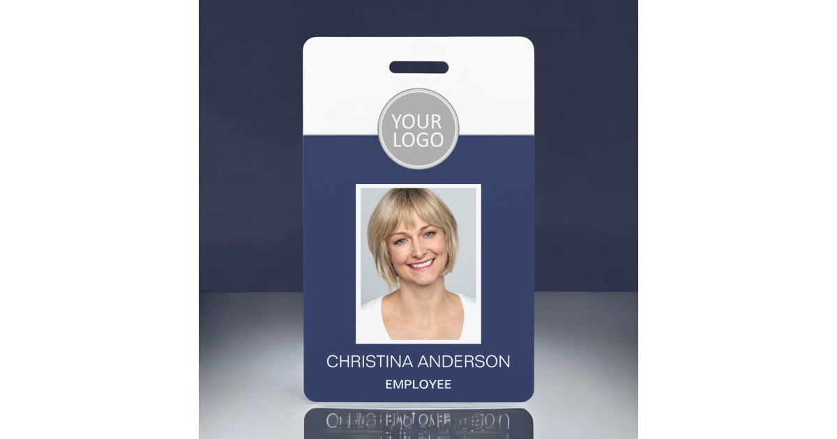 Navy Blue Employee Name Logo Photo Corporate Work Badge | Zazzle