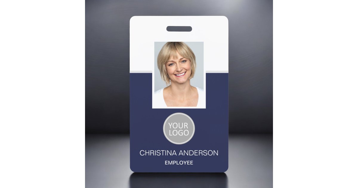 Navy Blue Employee Name Logo Photo Corporate Work Badge | Zazzle