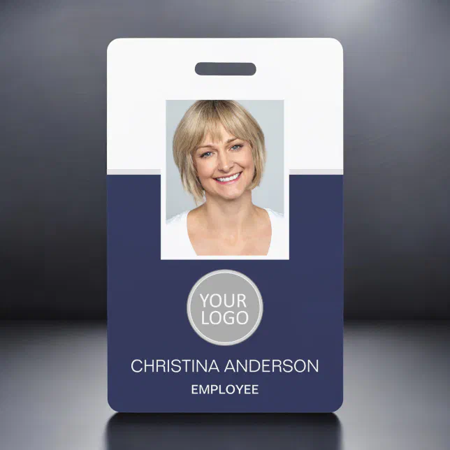 Navy Blue Employee Name Logo Photo Corporate Work Badge | Zazzle