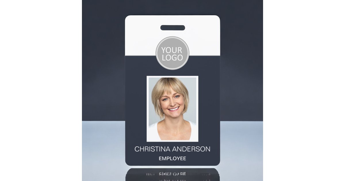 Navy Blue Employee Name Logo Photo Corporate Work Badge | Zazzle