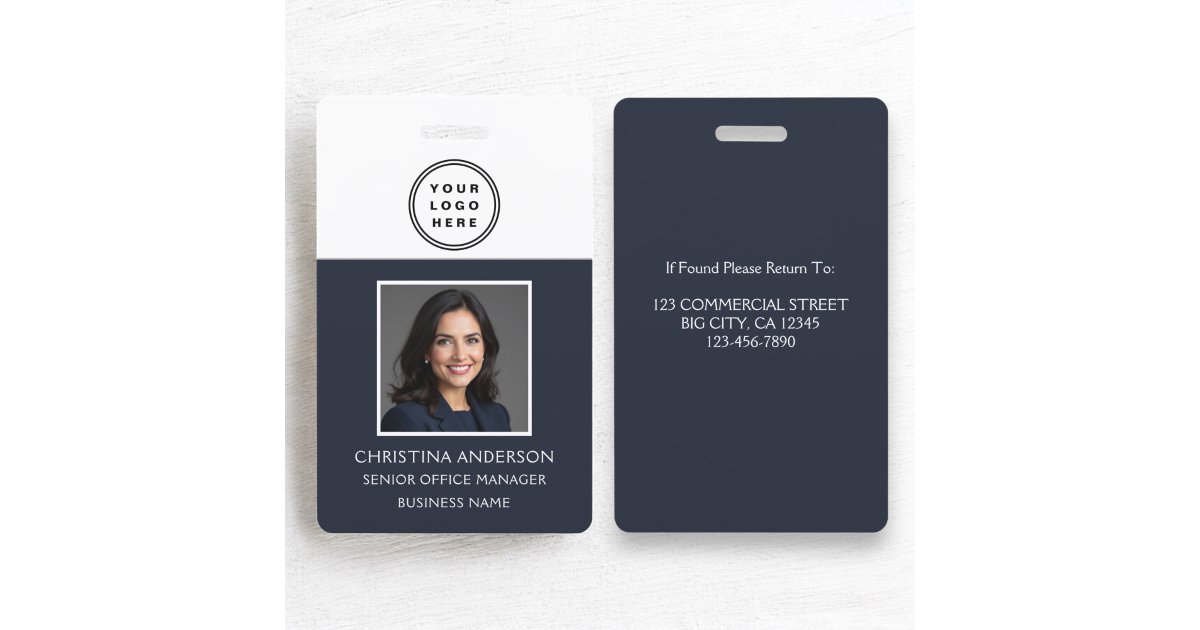 Navy Blue Employee Name Logo Photo Corporate Work Badge | Zazzle