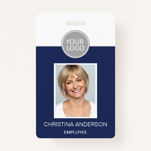 Navy Blue Employee Name Logo Photo Corporate Work Badge | Zazzle