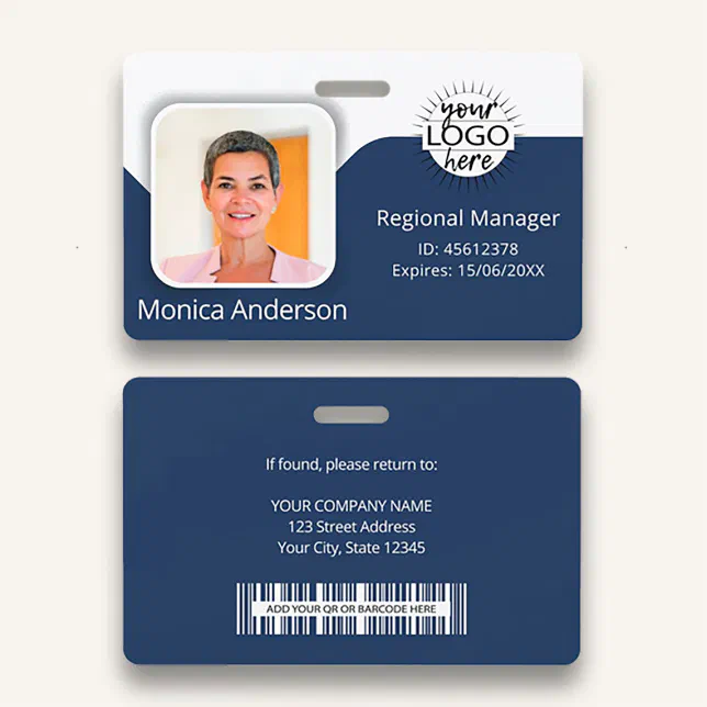 Navy Blue Employee Photo ID Name QR Bar Code Badge | Zazzle