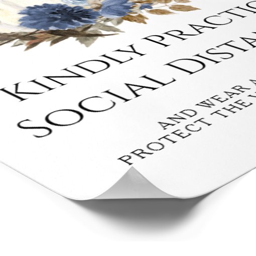 Navy Blue Fall Floral Pumpkin Social Distance Poster | Zazzle