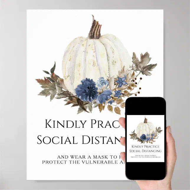 Navy Blue Fall Floral Pumpkin Social Distance Poster | Zazzle