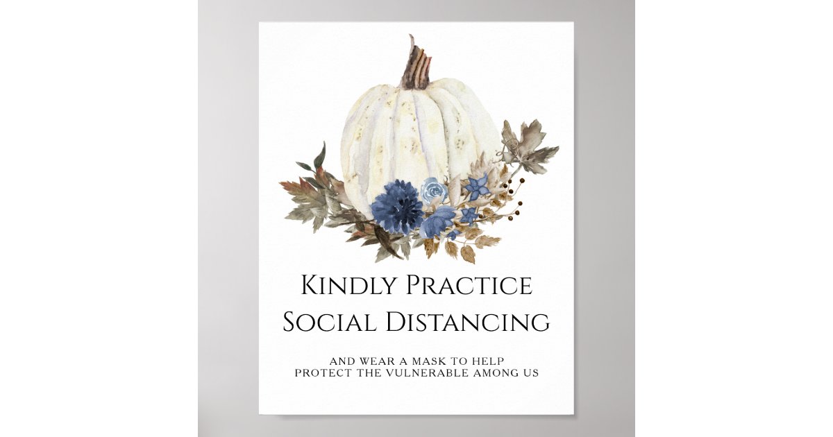 Navy Blue Fall Floral Pumpkin Social Distance Poster | Zazzle