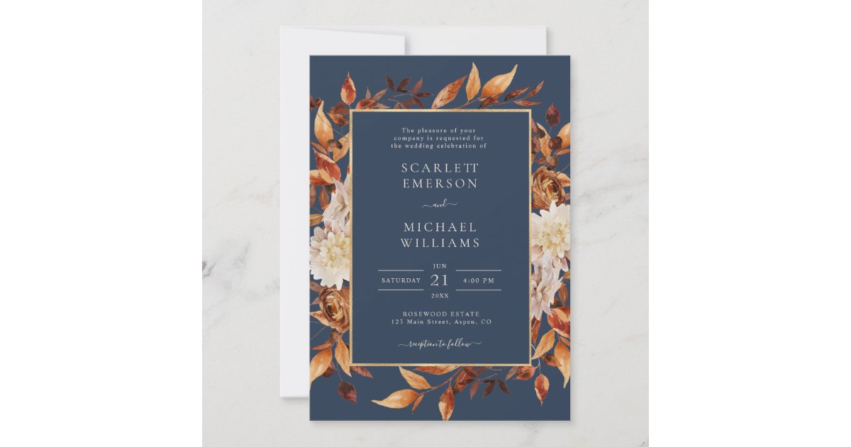 Navy Blue Fall Floral Wedding Invitation | Zazzle
