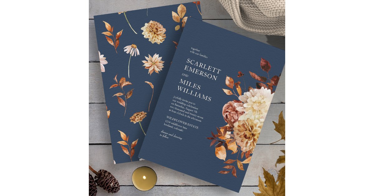 Navy Blue Fall Floral Wedding Invitation | Zazzle