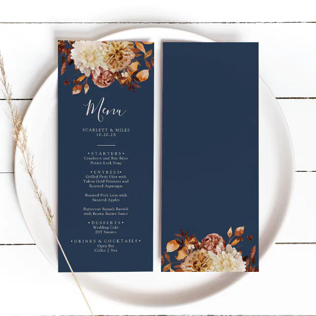 Navy Blue Fall Wedding Menu | Zazzle