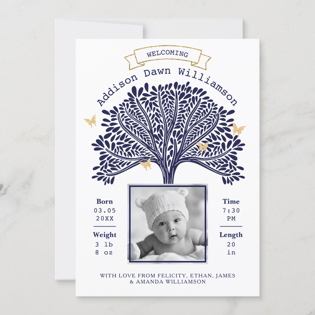 Navy Blue Family Tree Baby Birth Announcement | Zazzle