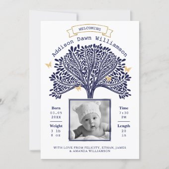 Navy Blue Family Tree Baby Birth Announcement | Zazzle