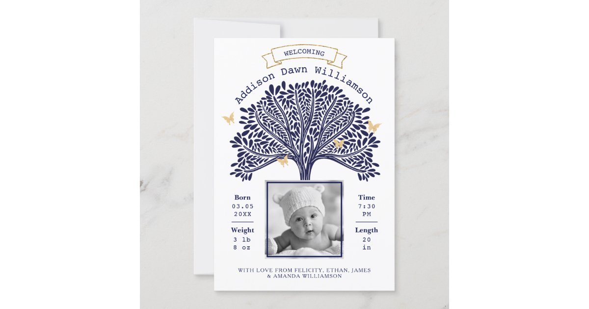 Navy Blue Family Tree Baby Birth Announcement | Zazzle