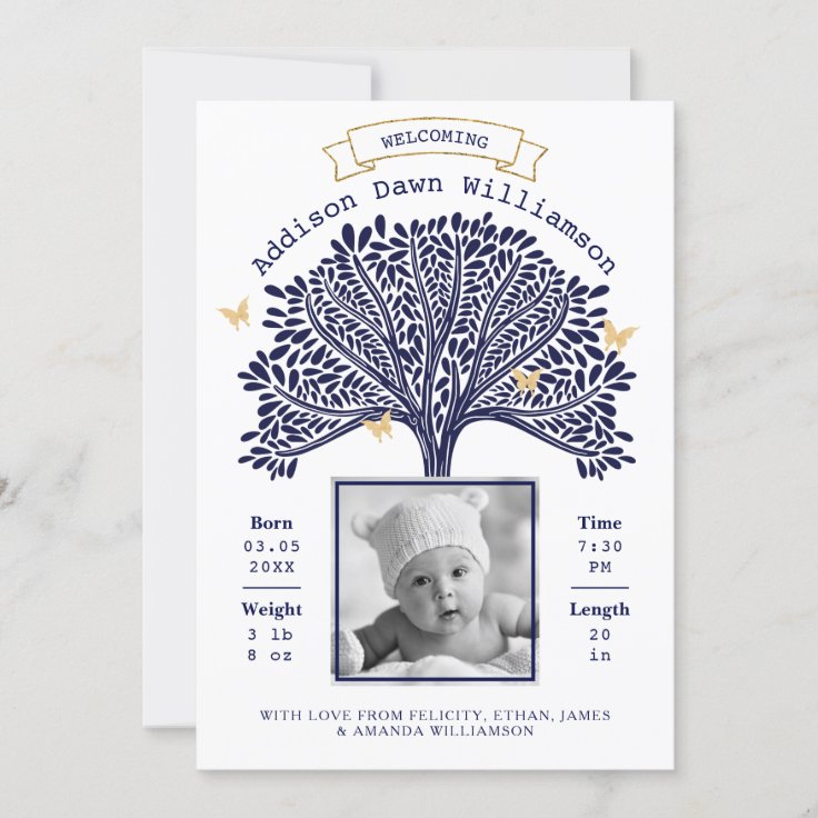 Navy Blue Family Tree Baby Birth Announcement | Zazzle