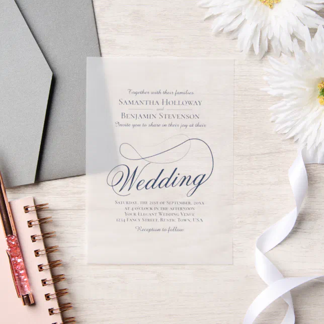 Navy Blue Fancy Script Elegant Wedding Vellum Invitations | Zazzle