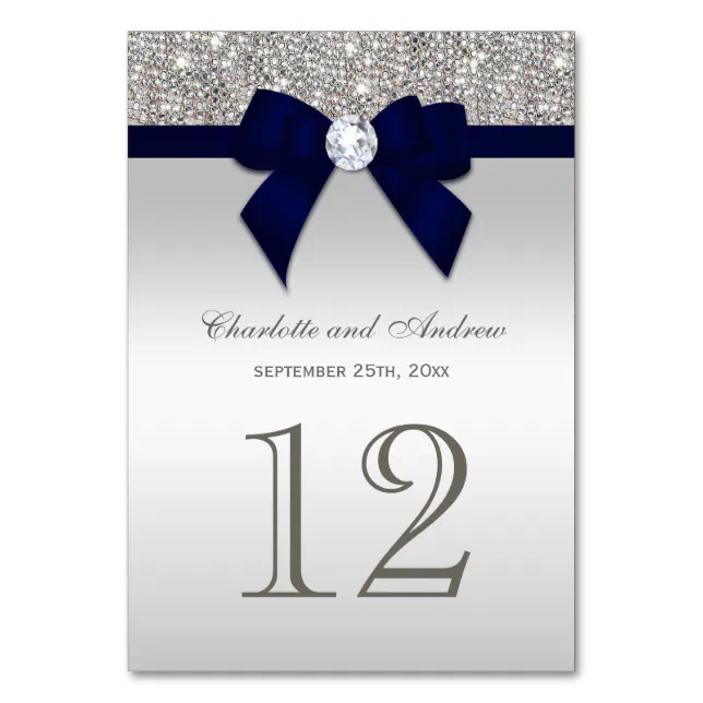 Navy Blue Faux Bow Silver Sequins Wedding Table Number | Zazzle