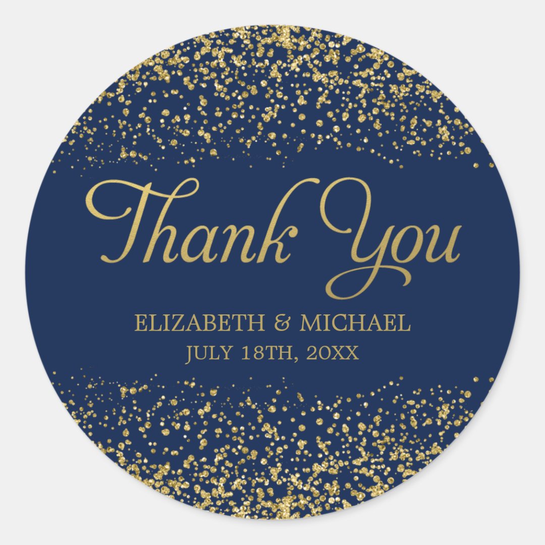 Navy Blue Faux Gold Glitter Wedding Thank You Classic Round Sticker ...
