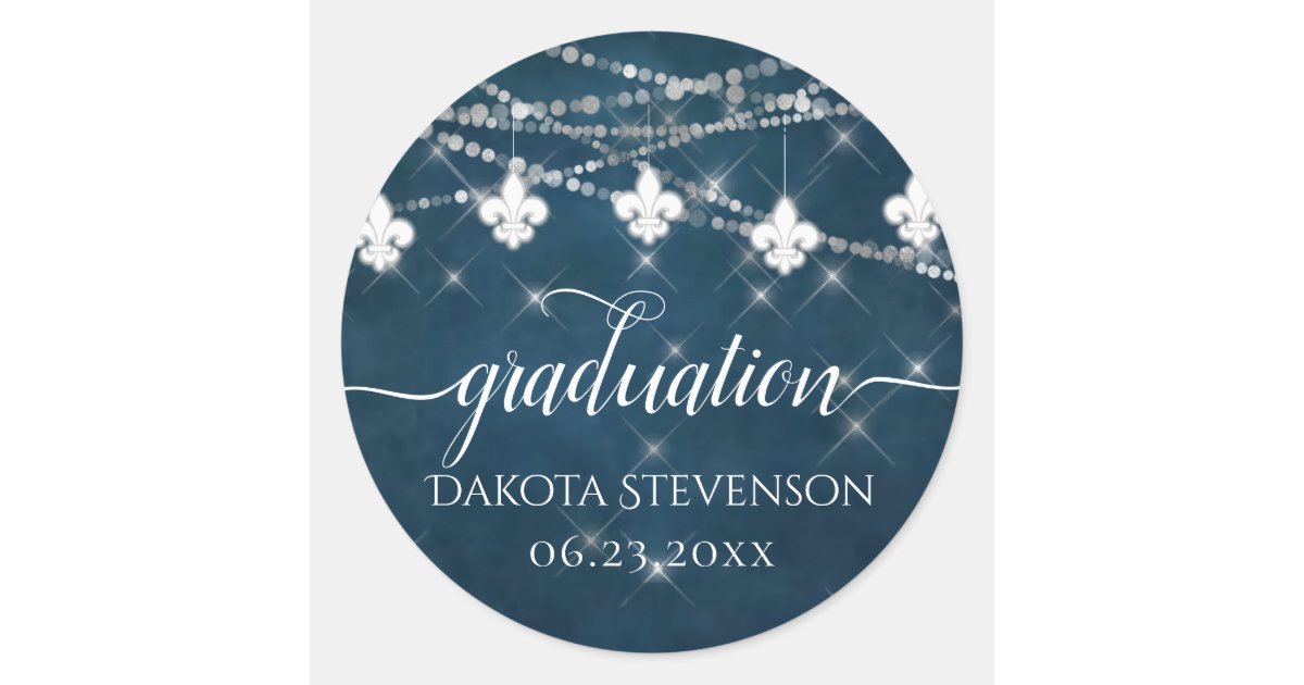 Navy Blue Fleur de Lis Fairy Light | Graduation Classic Round Sticker ...