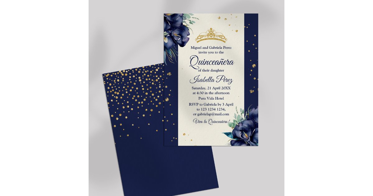 Navy Blue Floral and Gold Tiara Quinceanera Invitation | Zazzle