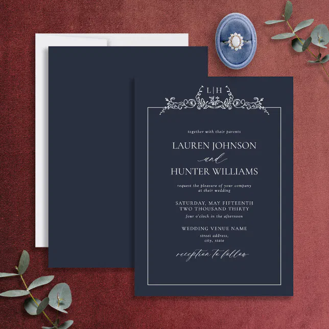 Navy Blue Floral Border Monogram Wedding Invitation | Zazzle