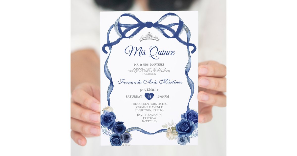 Navy Blue Floral Bow Frame Silver Crown Mis Quince Invitation | Zazzle