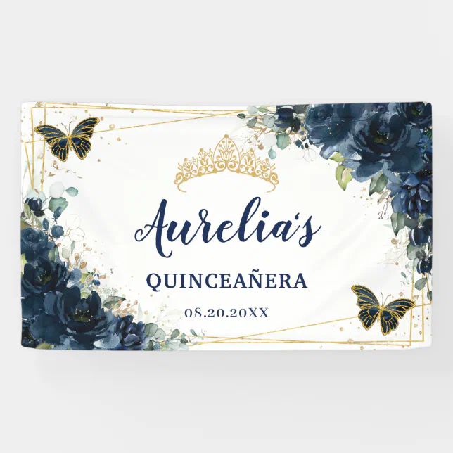 Navy Blue Floral Butterflies XV Welcome Backdrop Banner | Zazzle