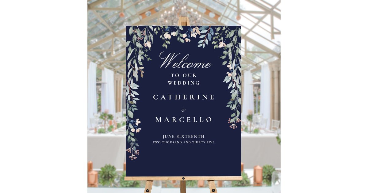 Navy Blue Floral Cascade Wedding Welcome Sign | Zazzle