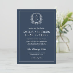 Navy Blue Floral Crest Monogram Wedding Elegant Invitation | Zazzle