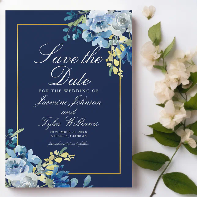 Navy Blue Floral Elegant Gold Border Save the Date Magnetic Invitation | Zazzle