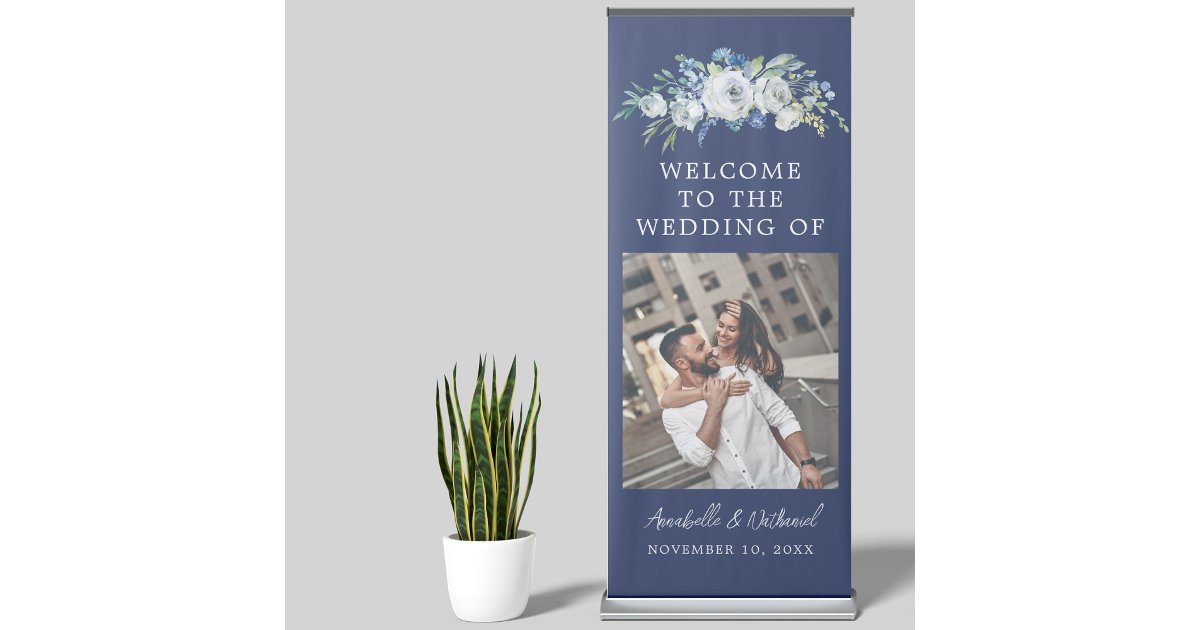Navy Blue Floral Elegant Photo Wedding Welcome Retractable Banner | Zazzle