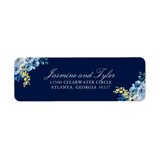 Navy Blue Floral Elegant Wedding Return Address Label | Zazzle